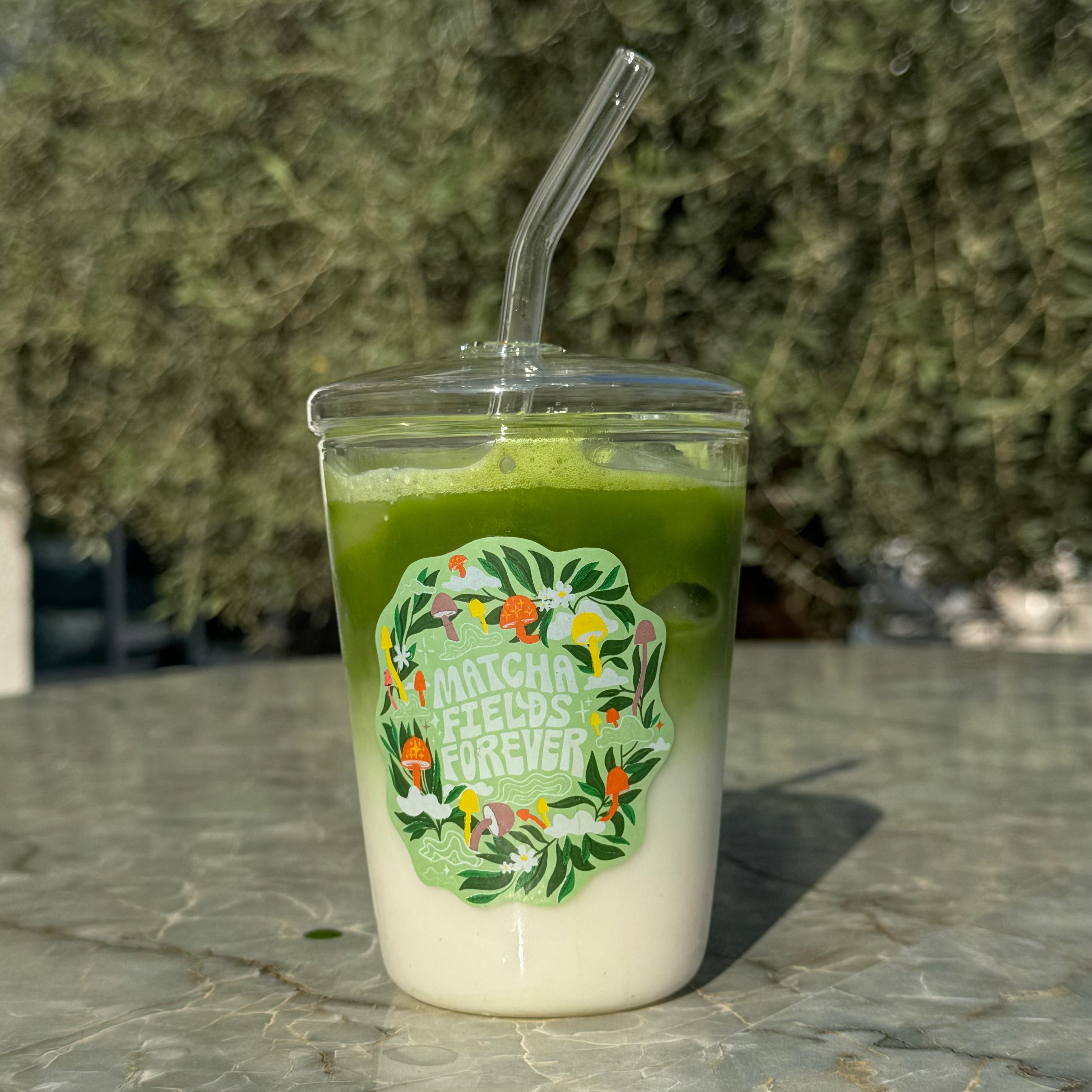 Matcha Fields Forever Glass Cup, with Lid and Straw – Oh Matcha
